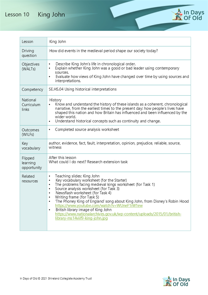 Lesson 10 King John Teacher Notes Eduu school