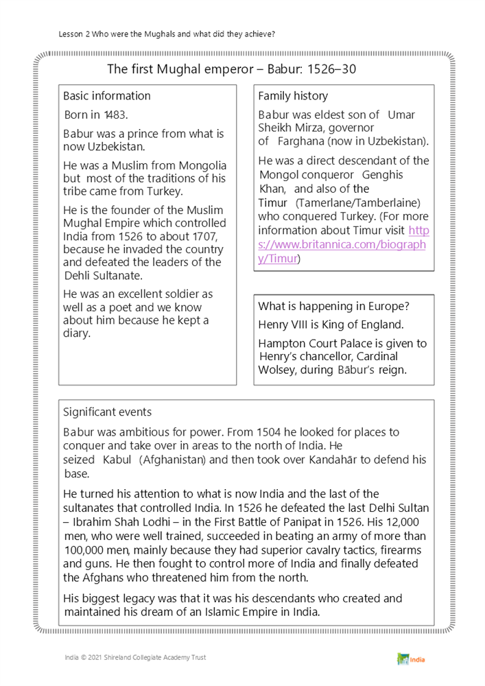 Lesson 2 Who were the Mughals and what did they achieve?: Babur fact ...