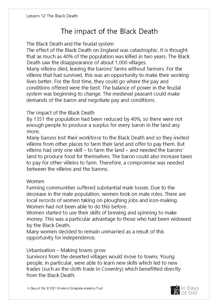 Lesson 12: Impact of the Black Death factfile | eduu.school