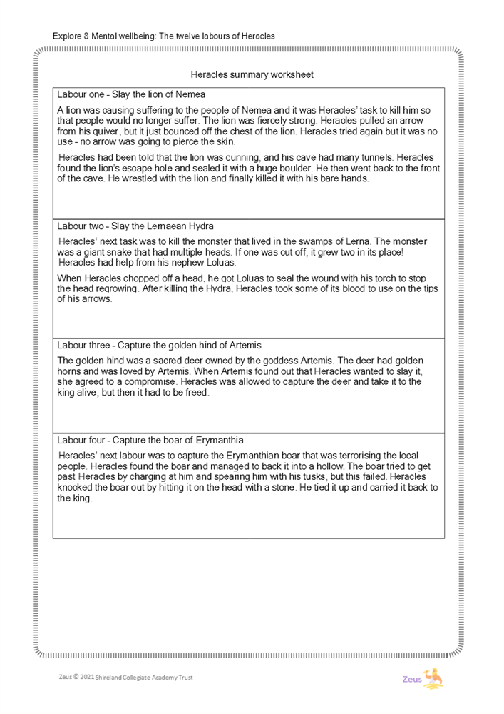 Explore 8 The twelve labours of Heracles: summary worksheet | eduu.school