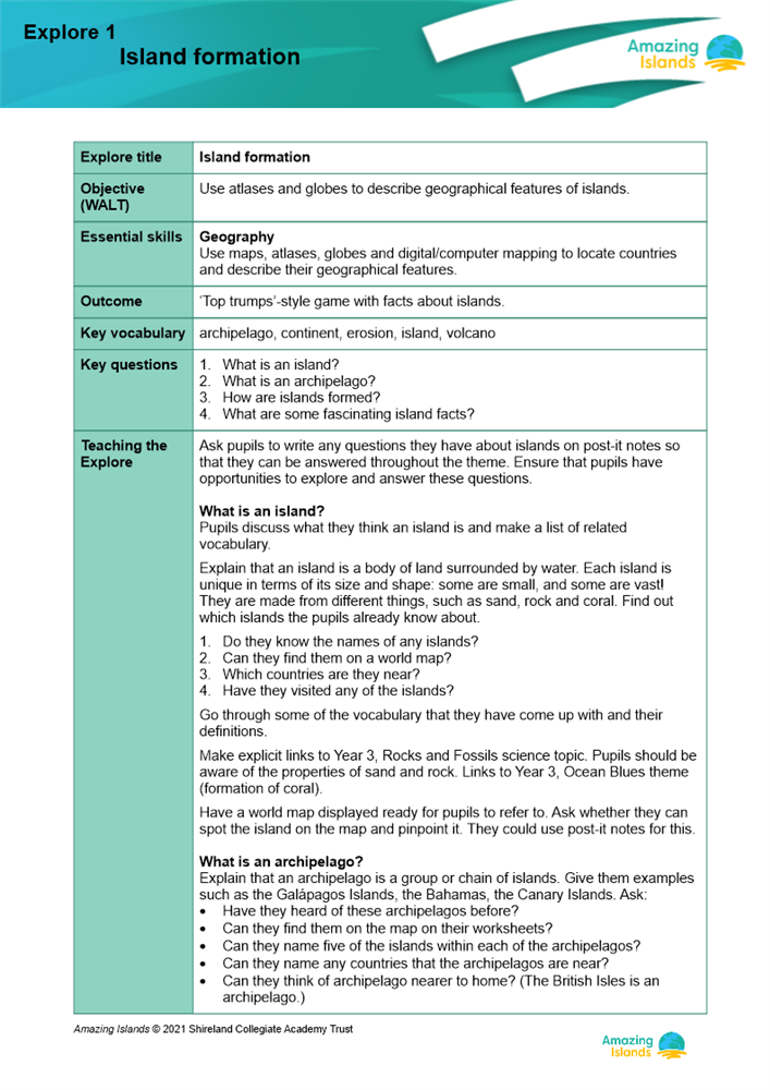 Explore 1 Island formation: teacher's notes | eduu.school
