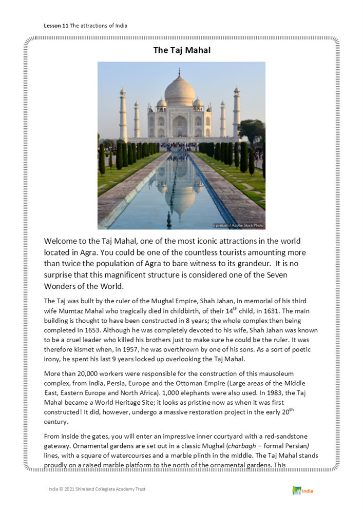 Lesson 11 The attractions of India: the Taj Mahal fact file | eduu.school