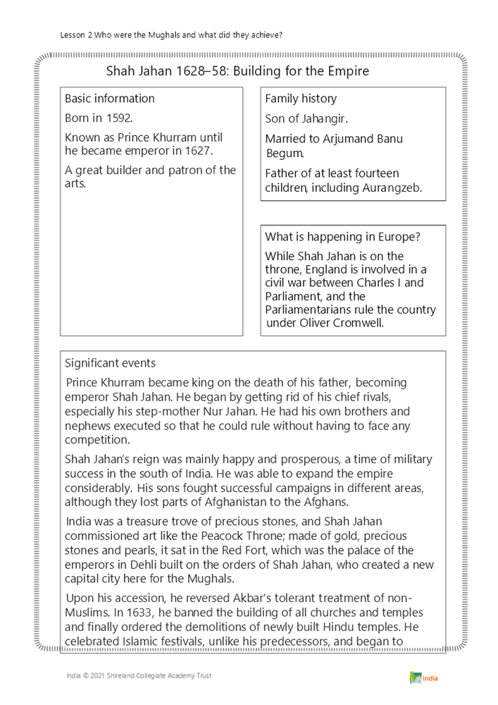 Lesson 2 Who were the Mughals and what did they achieve?: Shah Jahan ...